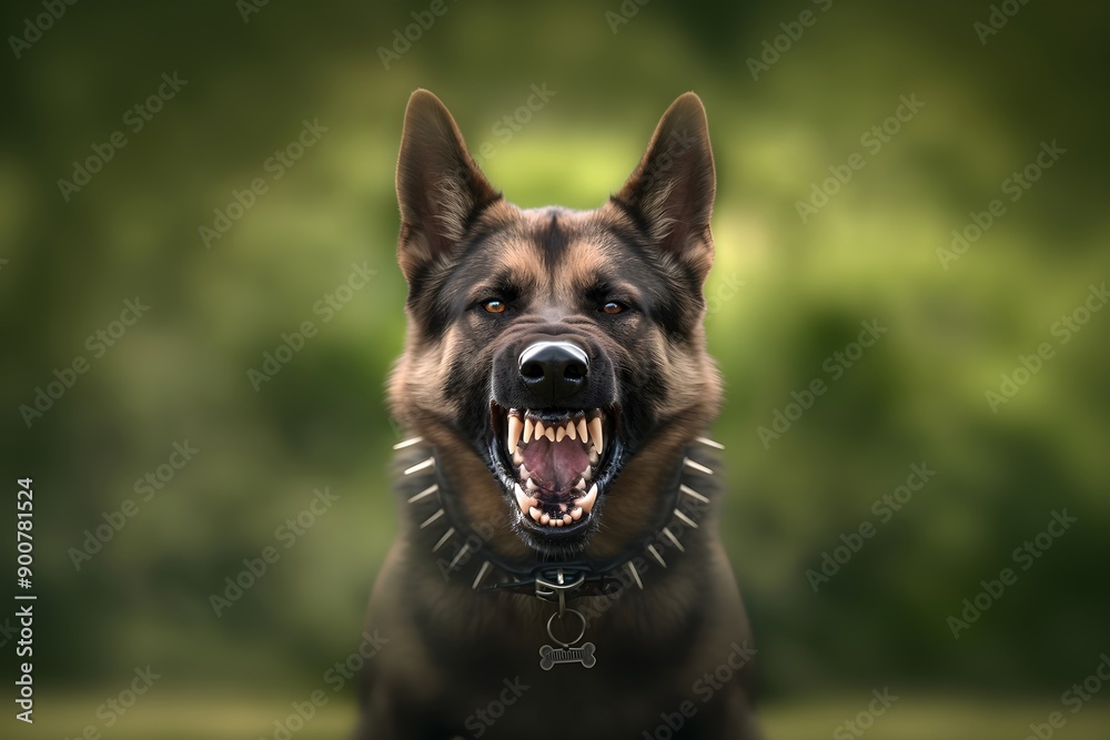 Aggressive dog get angry and bares his teeth. Dog shows dangerous teeth ...