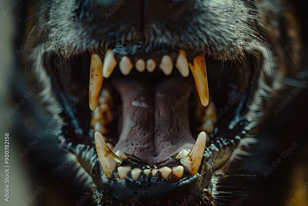 Closeup of aggressive dog baring scary teeth. Mad dog showing dangerous ...