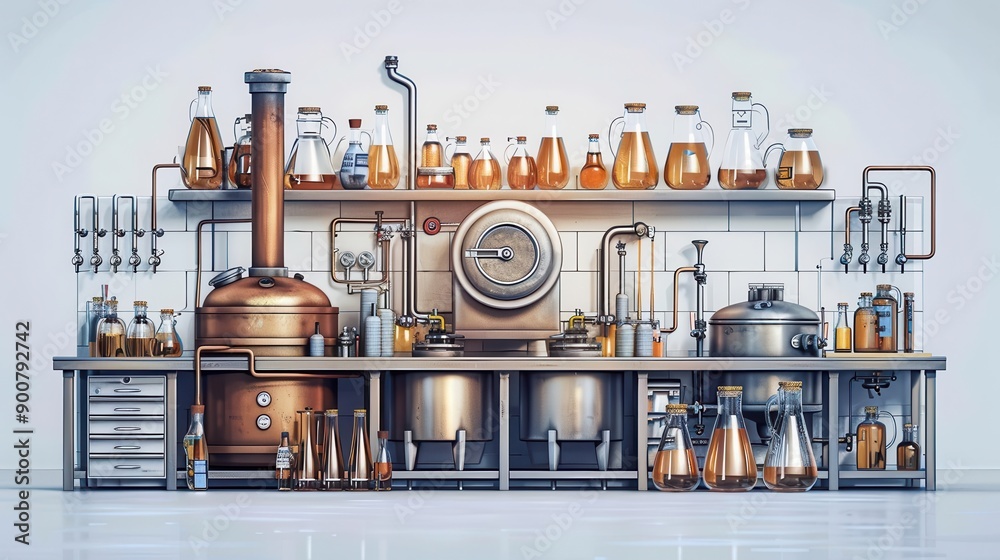 Detailed brewing setup with fermenters, beakers, and lab equipment ...