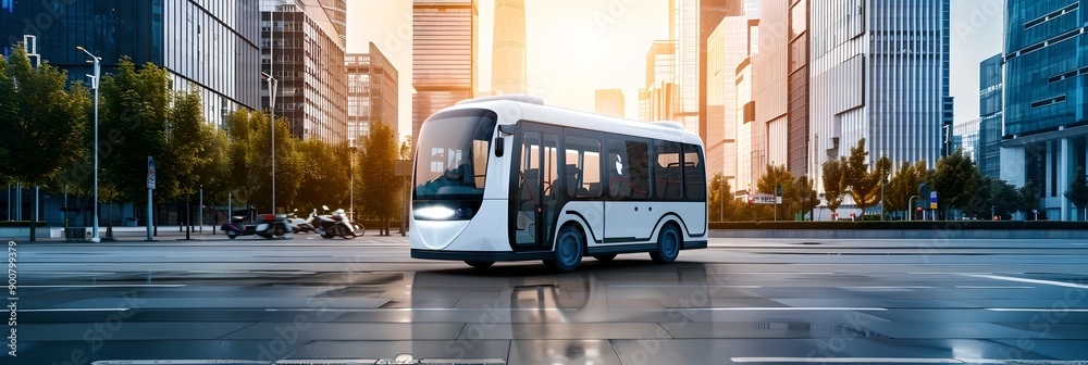 Electric bus with city background. Advanced public transportation and ...