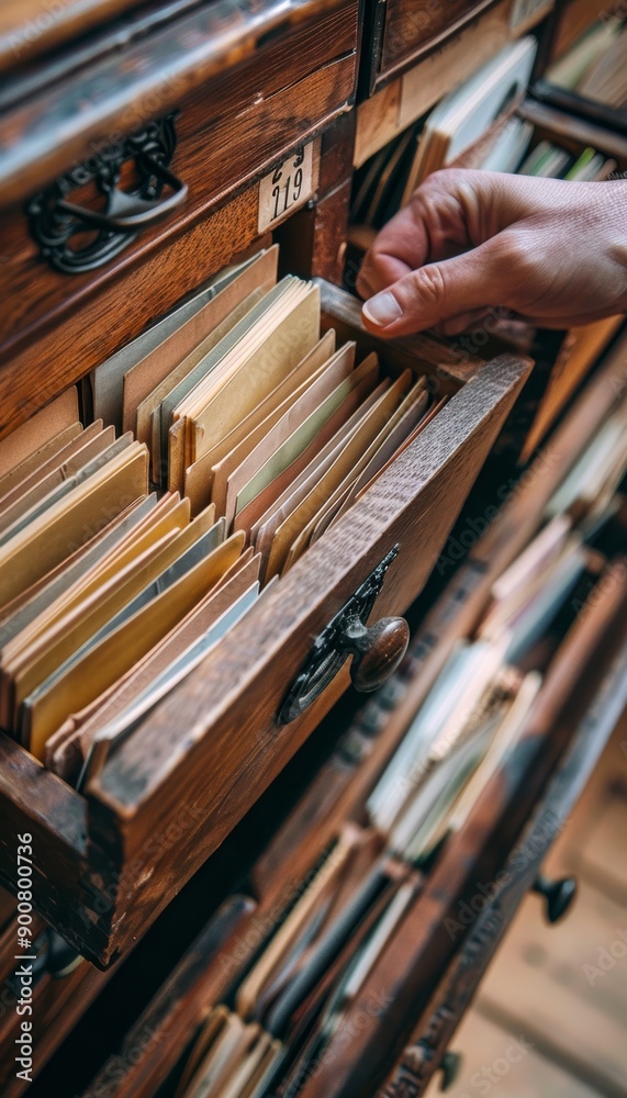 Hand Opening a Library Card Catalog Drawer with Organized Index Cards ...
