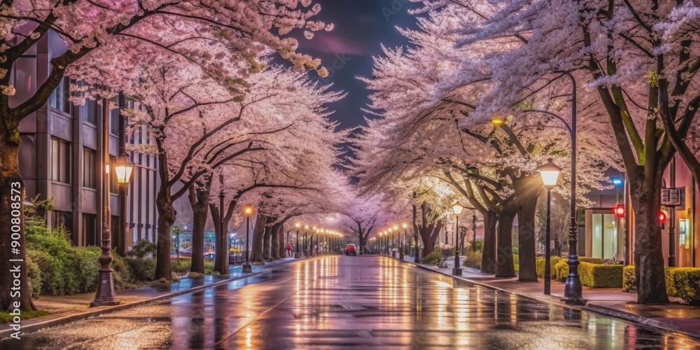 Night city street illuminated by street lights with cherry blossom ...