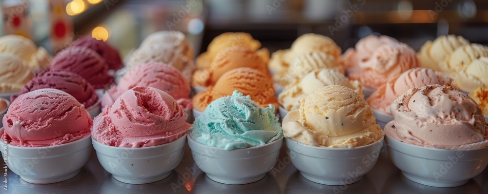 ice cream cones and ice cream sundaes in different colors, background ...