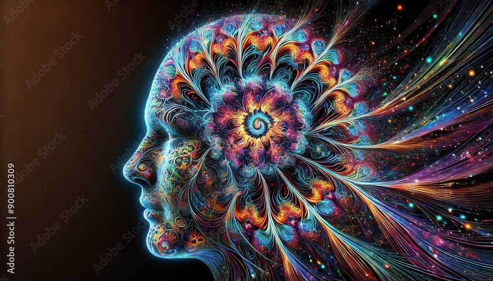 Artistic representation of a human head with vibrant, psychedelic ...