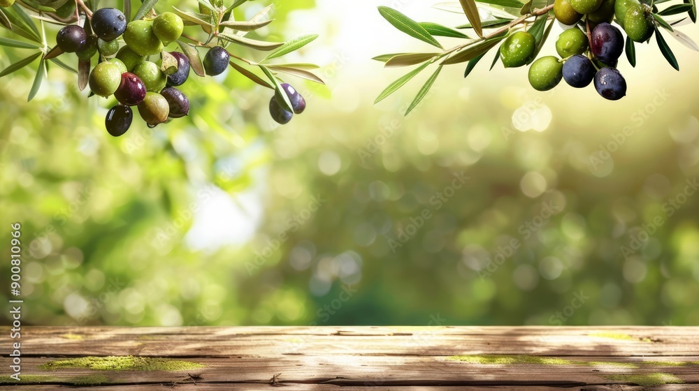 Rustic Wooden Table Under Olive Branches Laden with Green and Black ...
