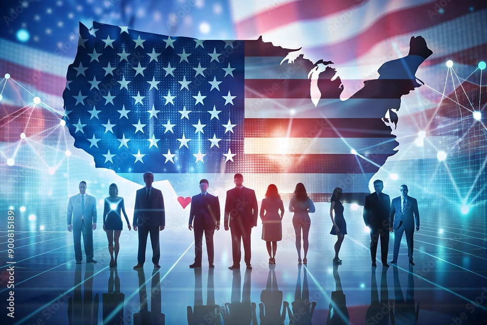 American flag and election vote silhouette composition. Describe the ...