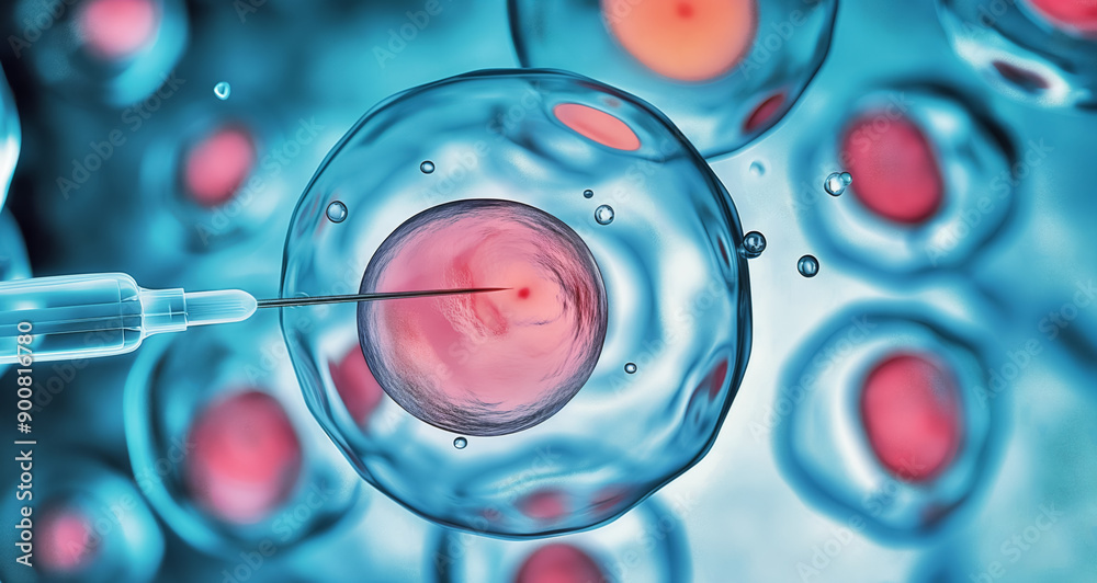 ภาพประกอบสต็อก Medical needle injection into human egg cell microscopy ...