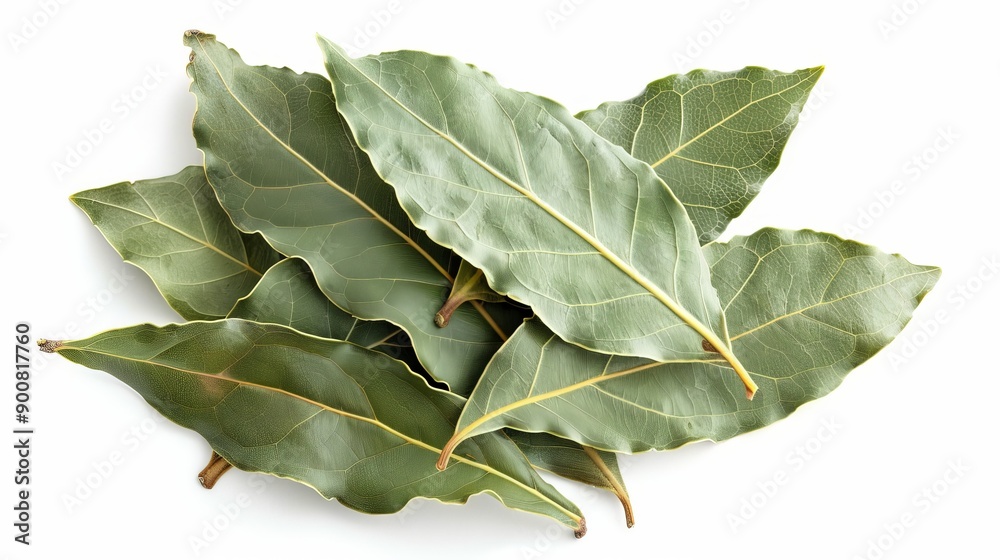 Showcasing a bunch of bay leaves neatly stacked on a white surface ...