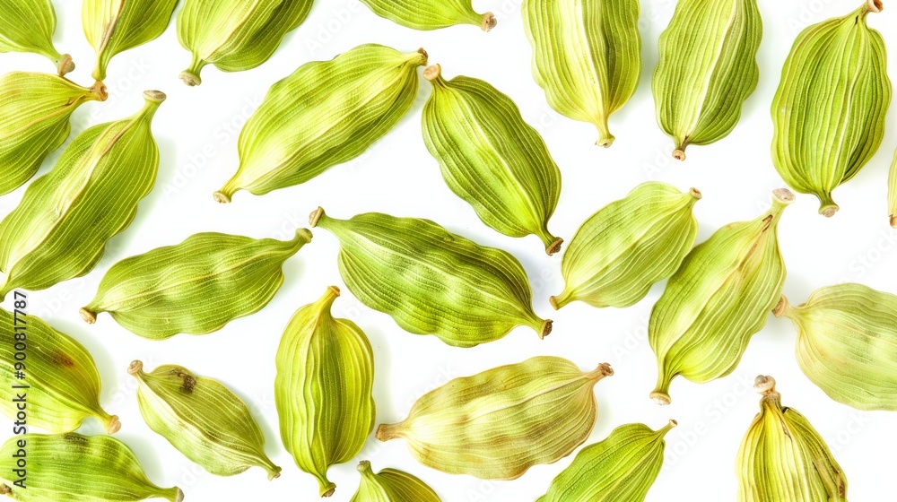 A close-up image of several green dried cardamom pods bunched together ...