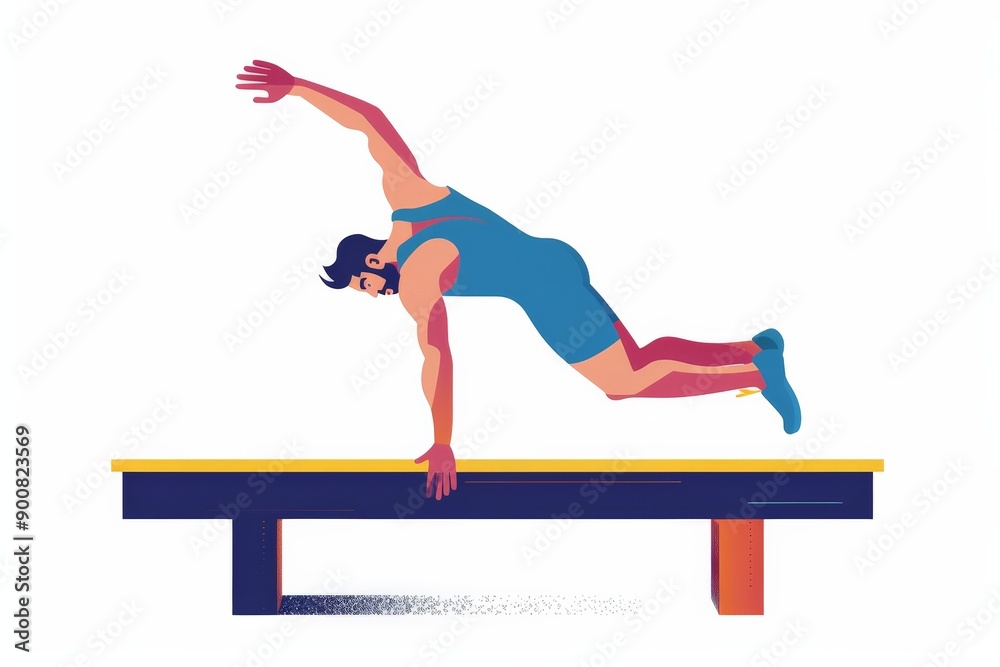 This image captures a gymnast in a blue uniform performing an ...