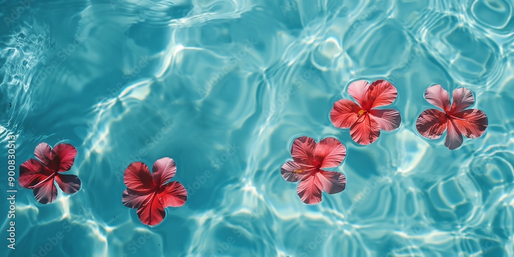 Tropical red hibiscus flowers floating on crystal blue summer pool ...