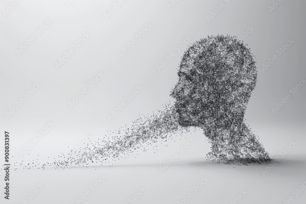Abstract human figure dissolving into particles symbolizing digital ...