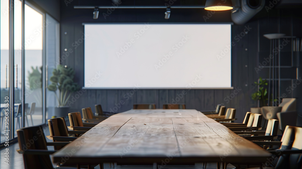 Empty long table in a conference room. On one side a roll up screen ...