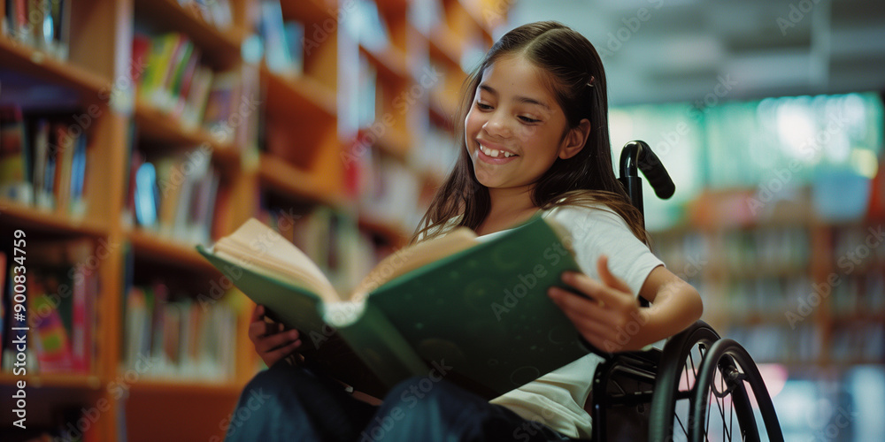 Happy young disabled ethnic school student in wheelchair reading a ...