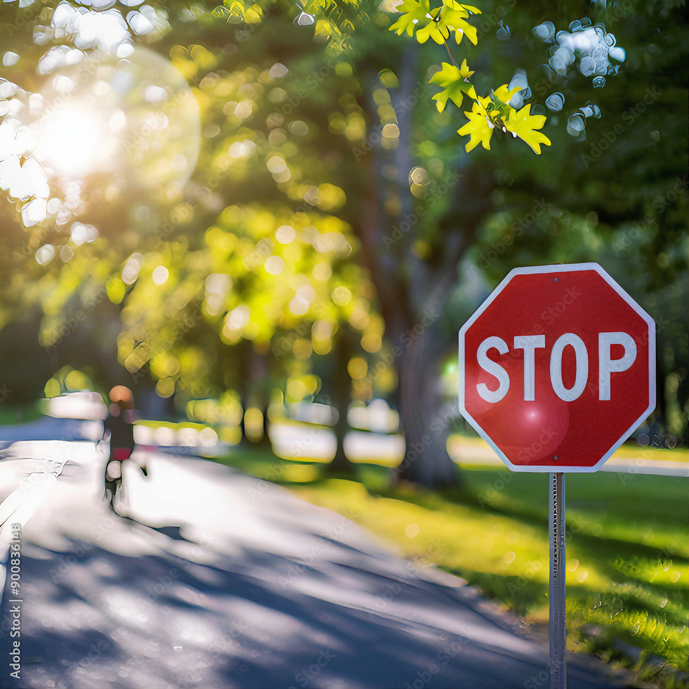 stop sign on the road, Defocused stop sign traffic regulations with ...