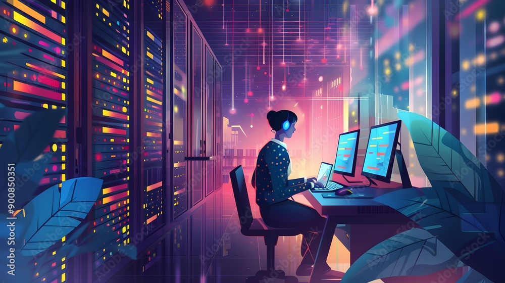 Computer engineer working on laptop computer with server room, data ...