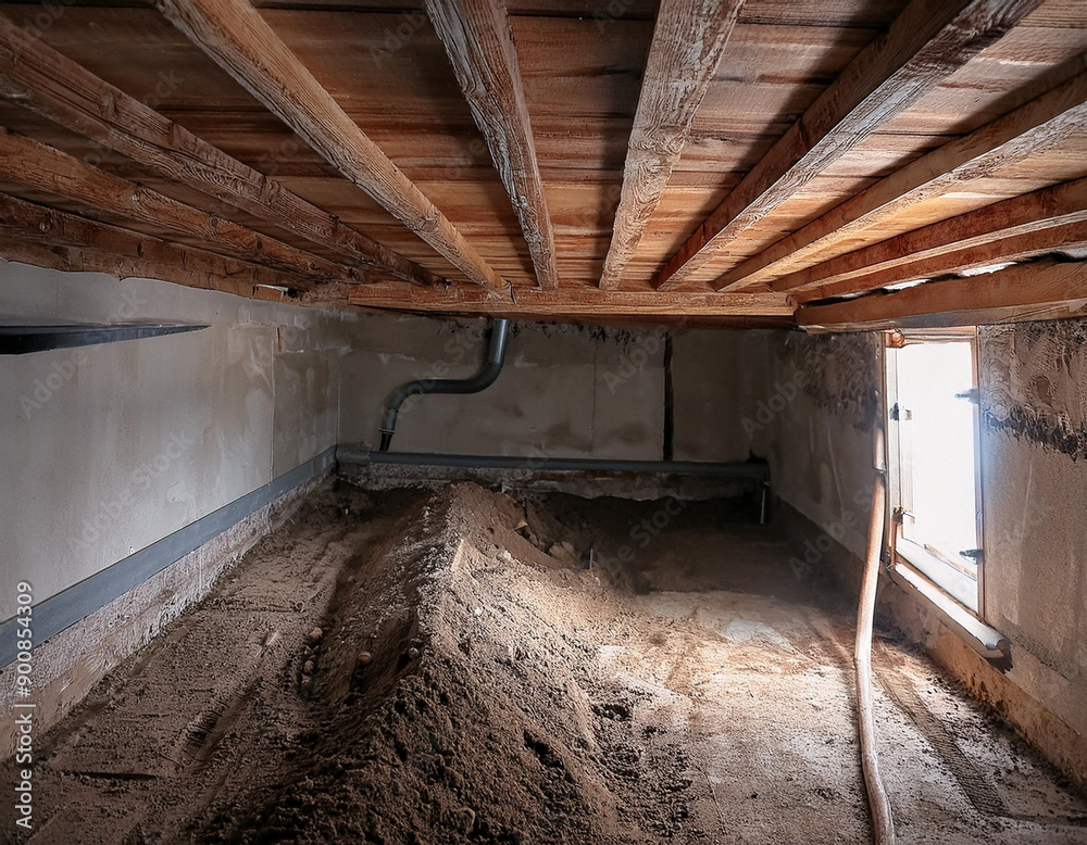 Crawlspace with installed pipework and a dirt floor, showing the ...