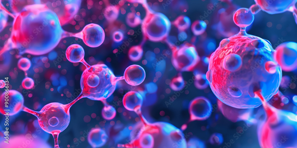 Microscopic view of molecules joining and breaking apart in colorful ...