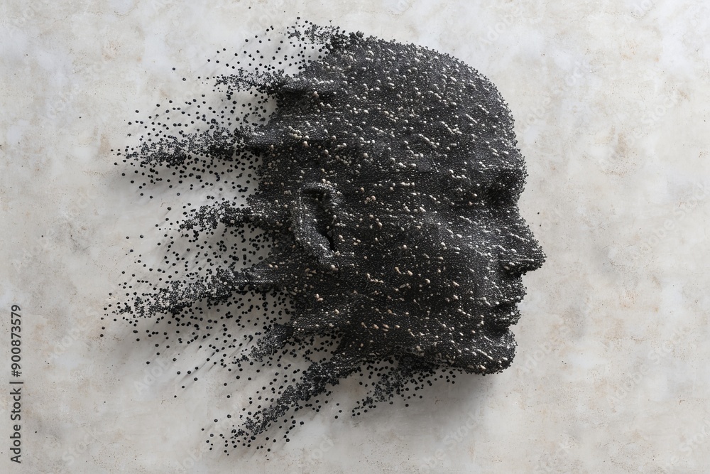 Abstract depiction of a head dissolving into particles symbolizing ...