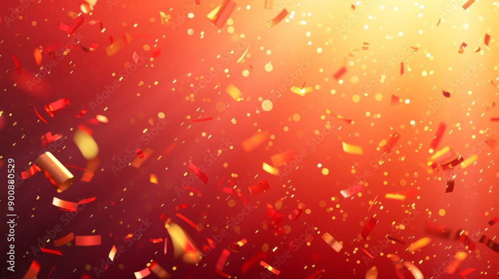 Design a radiant red gradient background with layers of golden confetti ...