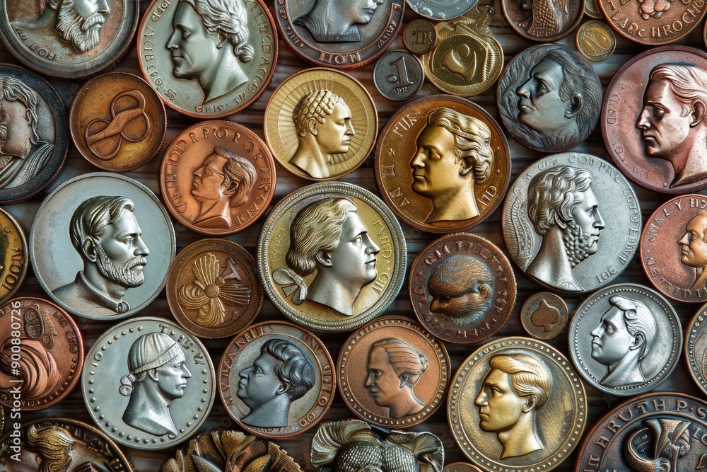 A collection of old coins with various faces and designs. The coins are ...