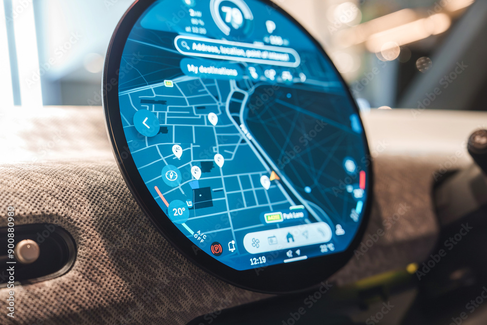 High-tech car navigation display featuring a city map with Park Lane ...