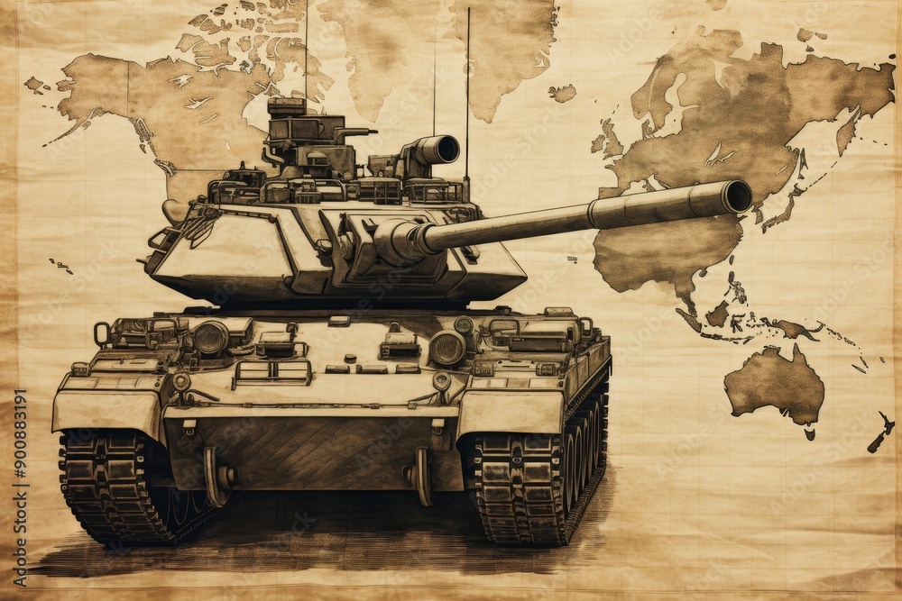 Strategically positioned armored tank on a detailed world map for ...