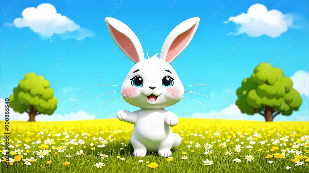 Cute Cartoon Bunny in Flower Field Under Blue Sky - Adorable Rabbit ...