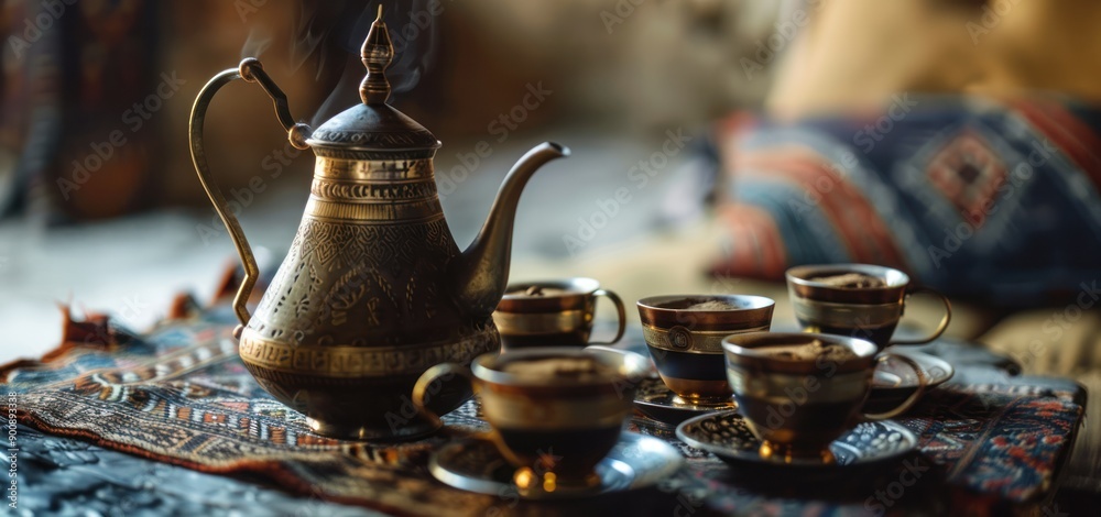 Classic bronze cups and teapots in Arabic style, traditional drinks ...
