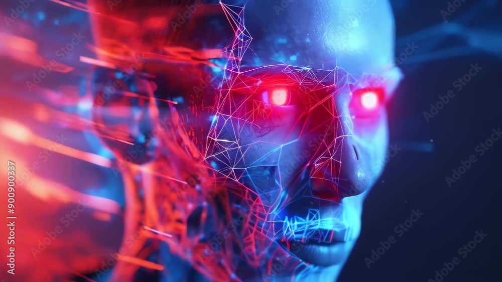 A futuristic robotic face with red glowing eyes is depicted in a dark ...