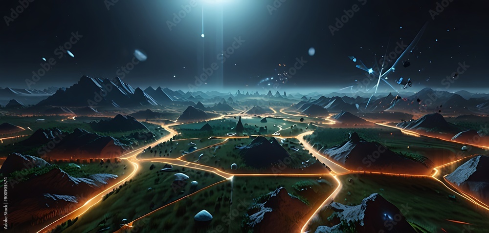 Virtual Reality Landscape A digital terrain with floating data nodes ...