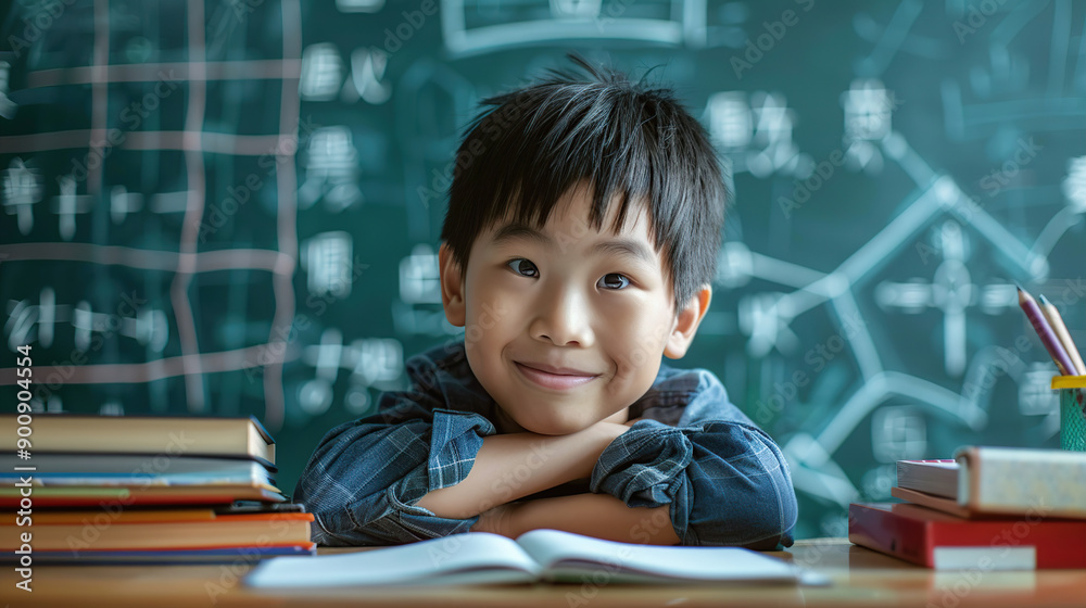Portrait of a happy Chinese boy sitting at a desk in a classroom with a ...