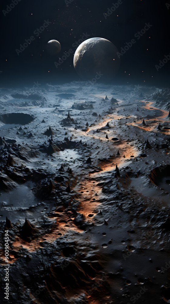 A desolate alien landscape with two moons in the night sky, craters and ...