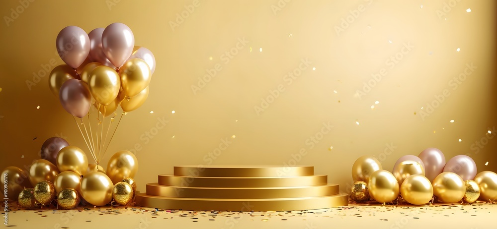Podium birthday gold balloon and background, product golden stand ...