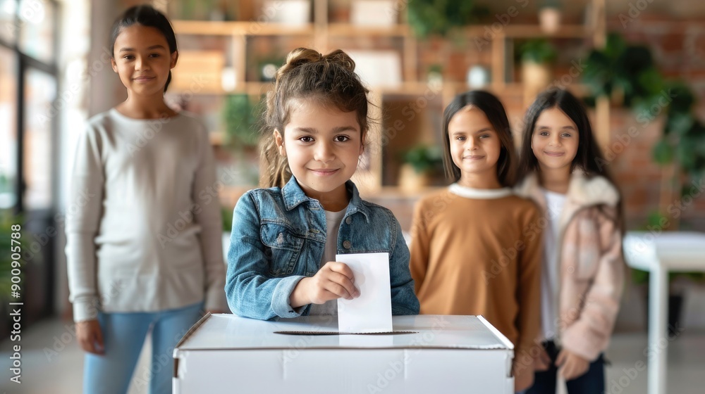 A group of children stand in line to vote, with one child casting a ...