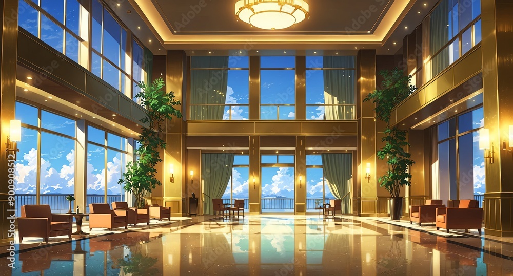 gold theme luxury hotel lobby background anime cartoon illustration ...