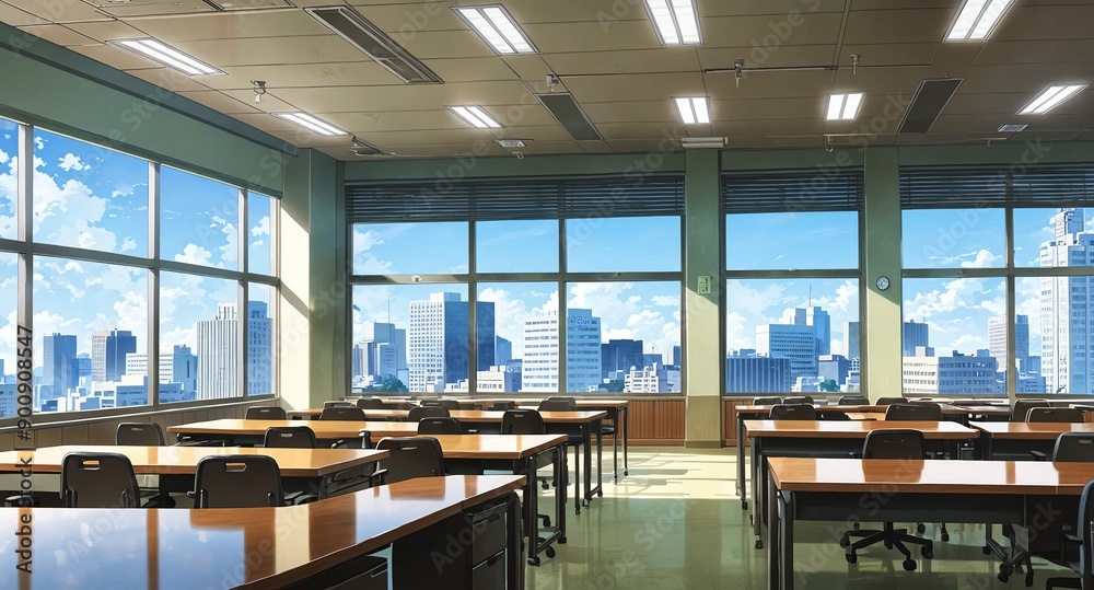 government office interior with tables background anime cartoon ...