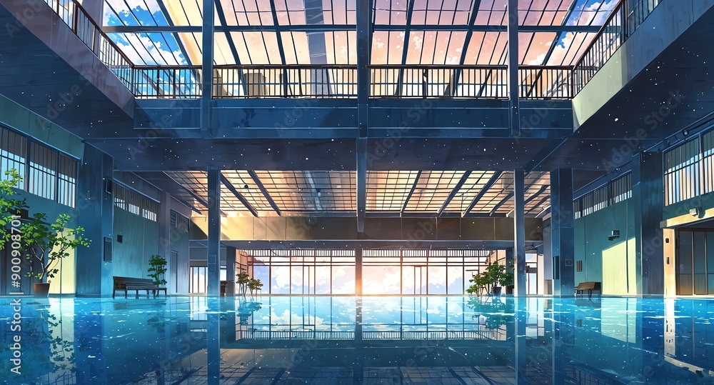 indoor atrium with skylight background anime cartoon illustration ...