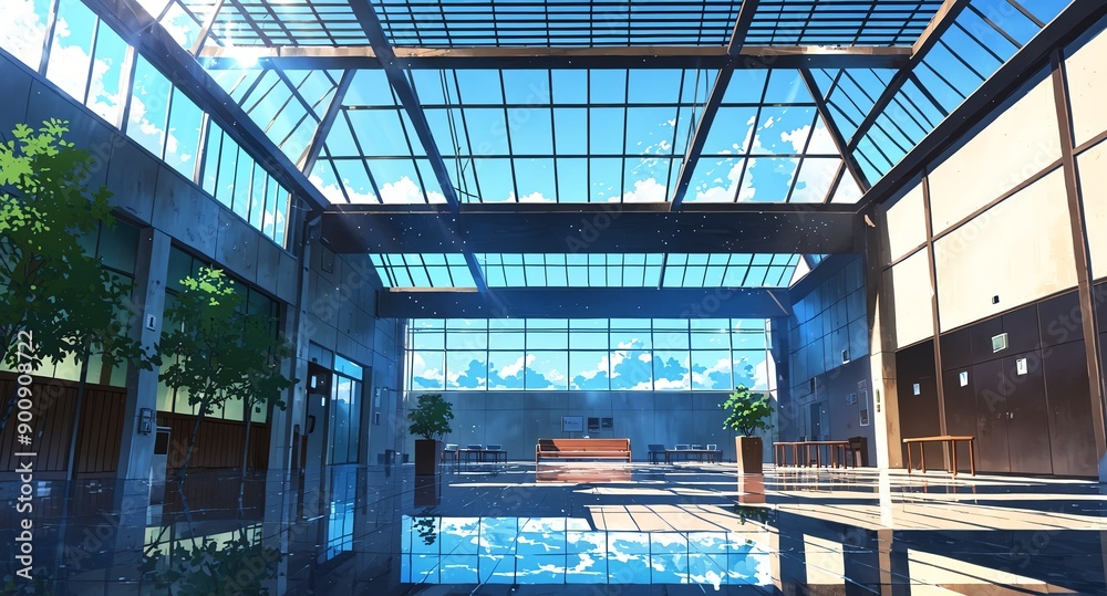 indoor atrium with skylight background anime cartoon illustration ...