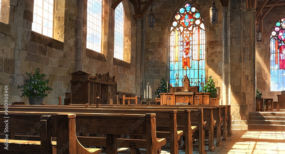 medieval church interior area background anime cartoon illustration ...