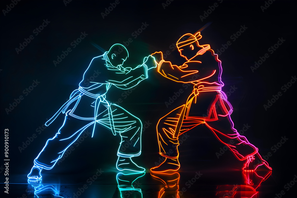 Neon silhouette of karate kata contest isotated on black background ...