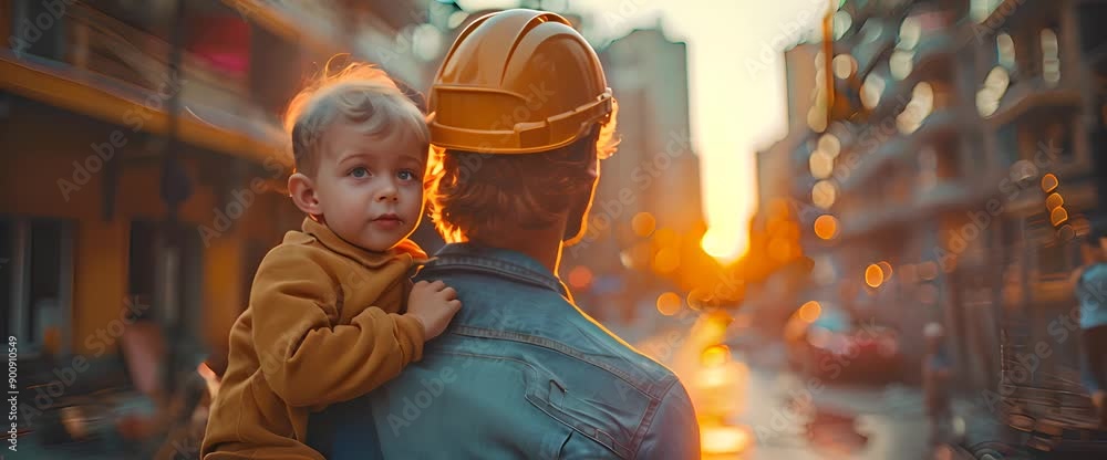 Engineer father carrying son on shoulder showing his construction ...
