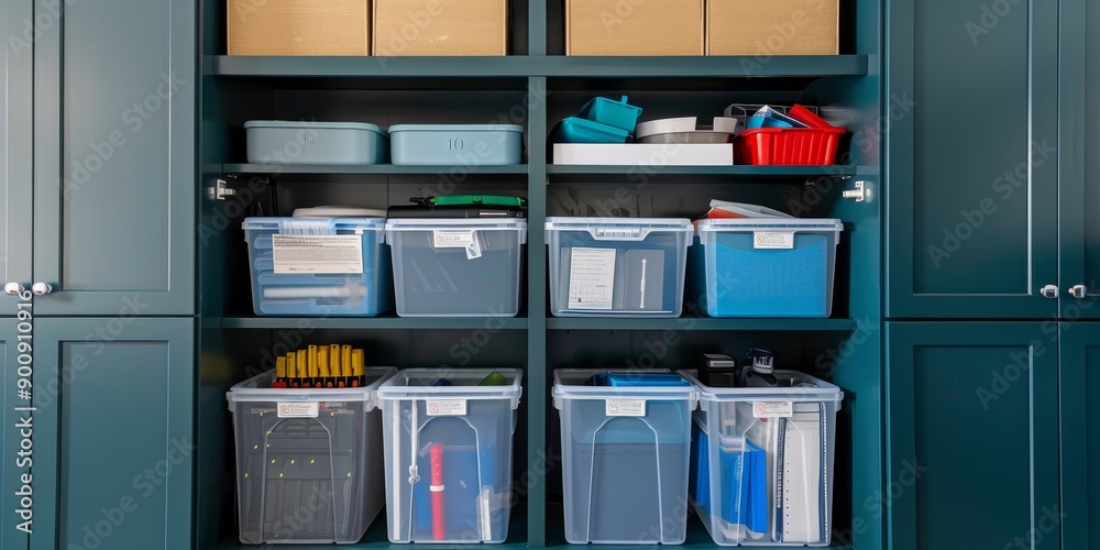 Close-up of a garage storage cabinet with labeled bins, illustrating ...