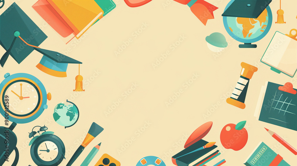 Education-themed border with school supplies and graduation caps Stock ...