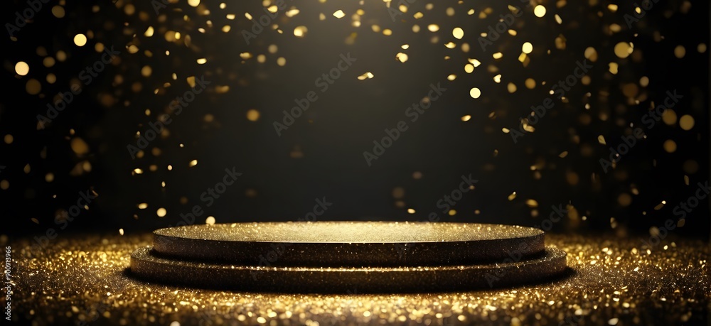 Black award podium stage gold glitter, platform product golden pedestal ...
