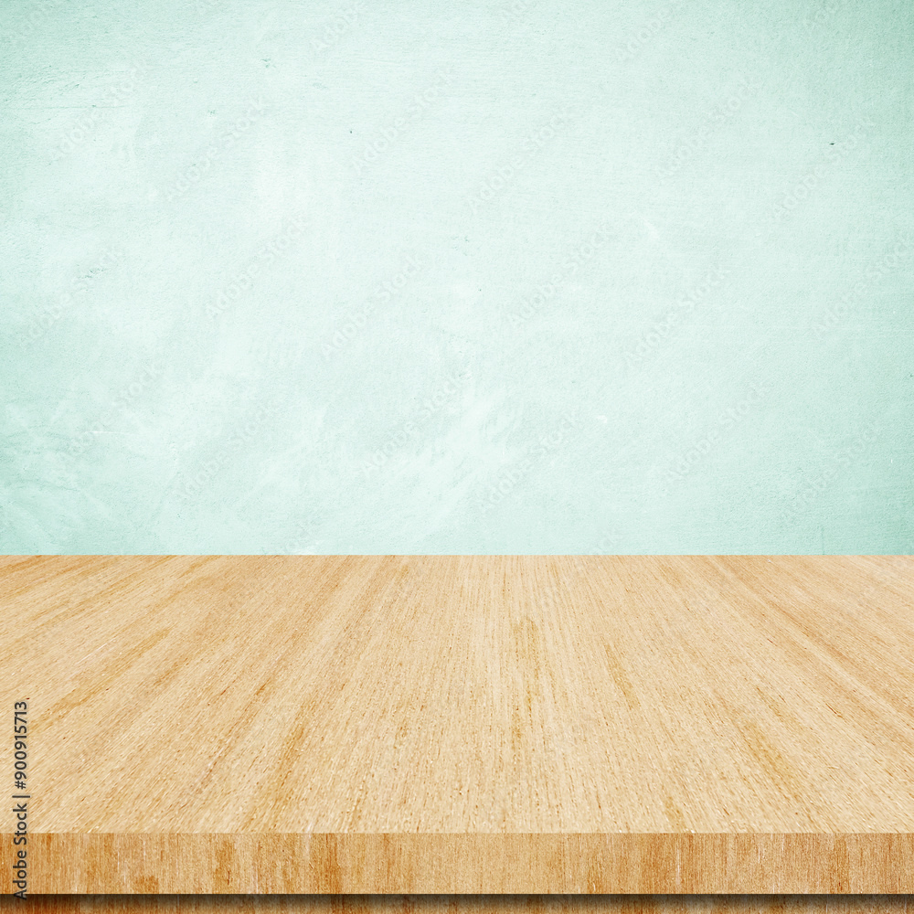 Wood table and green wall background in kitchen, Wooden shelf, counter ...