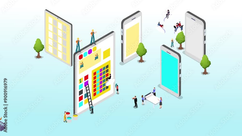 Crane people creating interface on phone tablet mobile UI UX design 3d ...