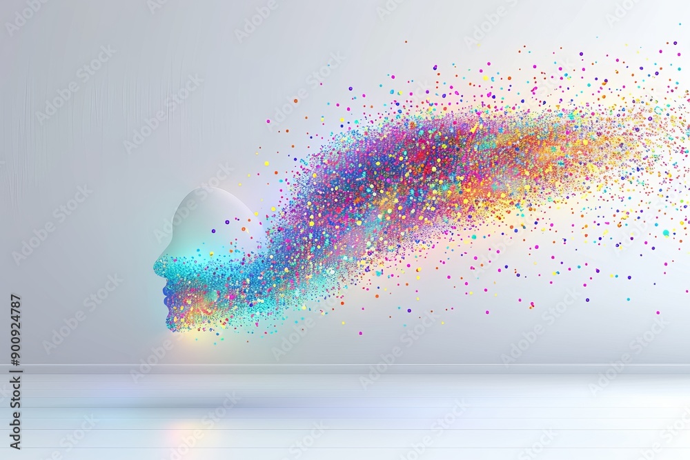 Abstract digital illustration of a head dissolving into colorful particles symbolizing thought ...