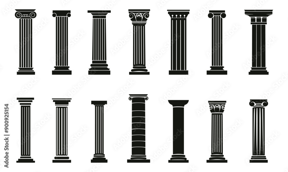 Columns icon set silhouettes. Capital of a medieval cathedral column ...