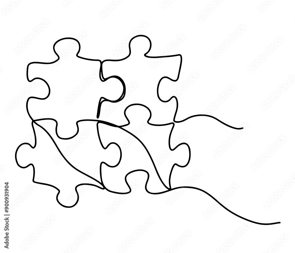 continuous single line drawing of jigsaw puzzle pieces isolated on ...